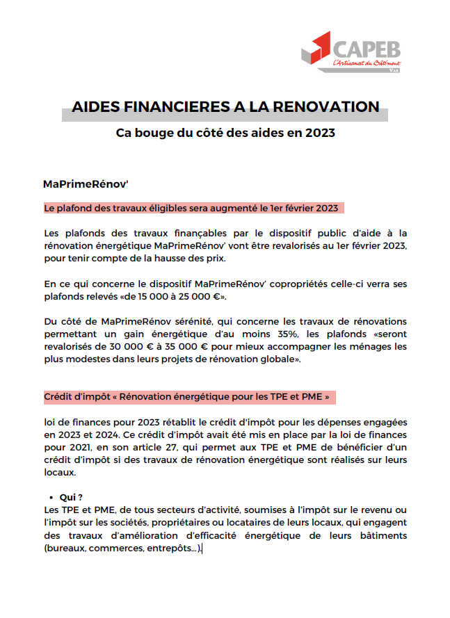 AIDES FINANCIERES A LA RENOVATION - Ca bouge du côté des aides en 2023 ・ CAPEB